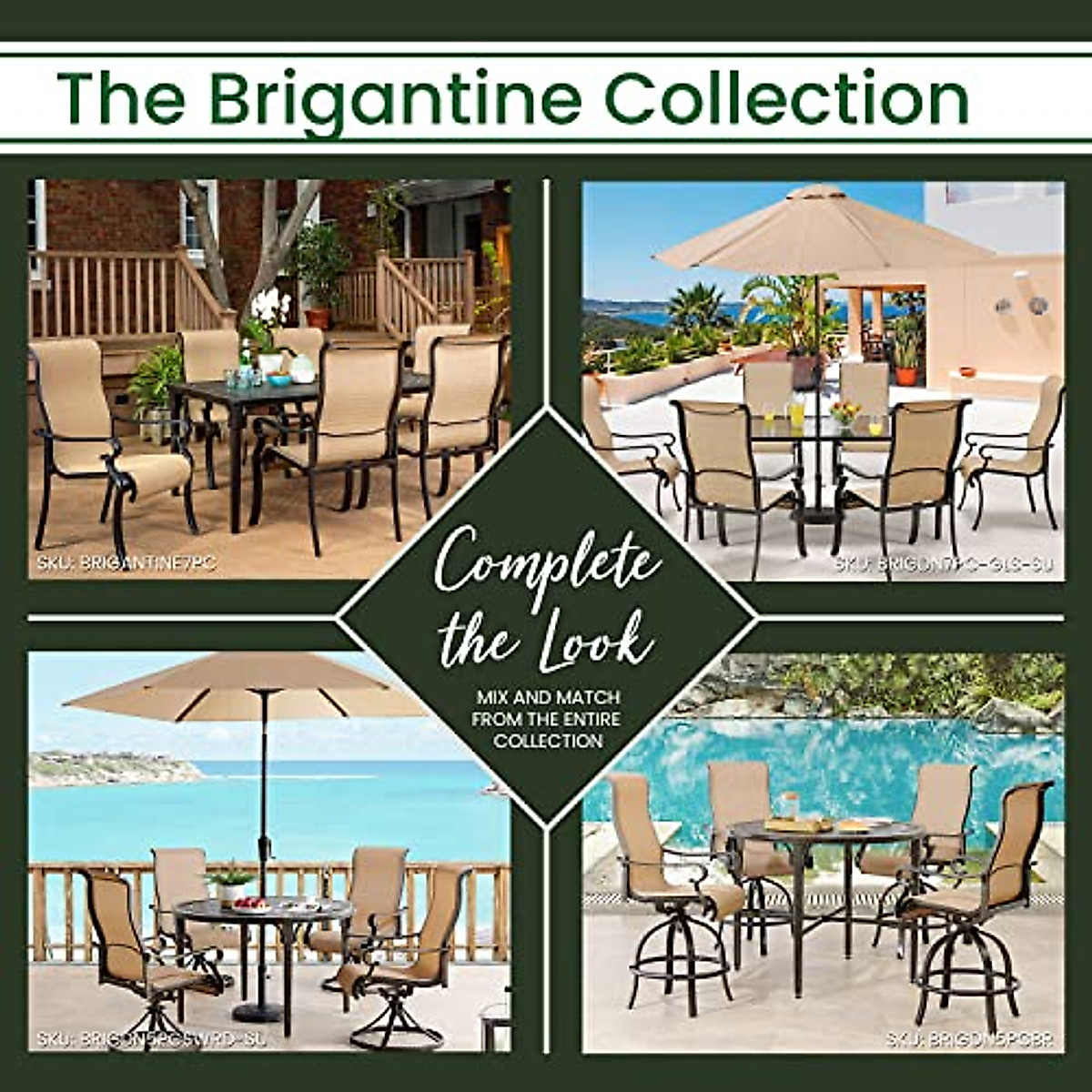 Hanover Brigatine 7-Piece Modern Patio Dining Set with 6 Quick-Dry Tan Sling Chairs and 40"x70" Square Cast-Top Table, All-Weather Outdoor Furniture Set for Backyard and Deck
