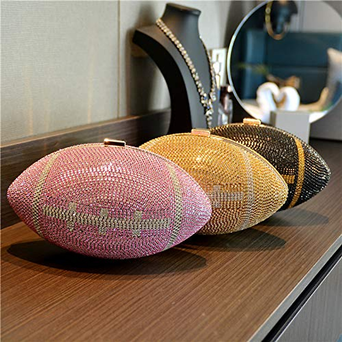 UMREN Women Rugby Shaped Cross Body Purse Rhinestone Ellipse Ball Crystal Evening Bag Clutch Handbag for Wedding Party (One Size, Pink-R)