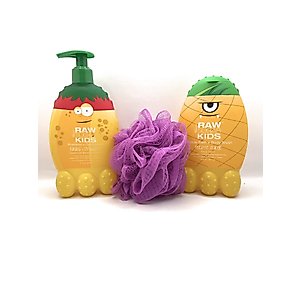 Kids 2-in-1 Banana + Strawberry Shampoo & Conditioner, Pineapple + Orange Bubble Bath & Body Wash by Raw Sugar 12 fl oz (Pack of 2) + Loofah