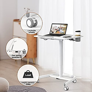JOY worker Mobile Standing Desk, Pneumatic Height Adjustable Table, 60° Tiltable Rolling Laptop Desk, Portable Sit Stand Desk with Wheels Cup Holder for Bed Couch School, Holds Up to 22lbs, White