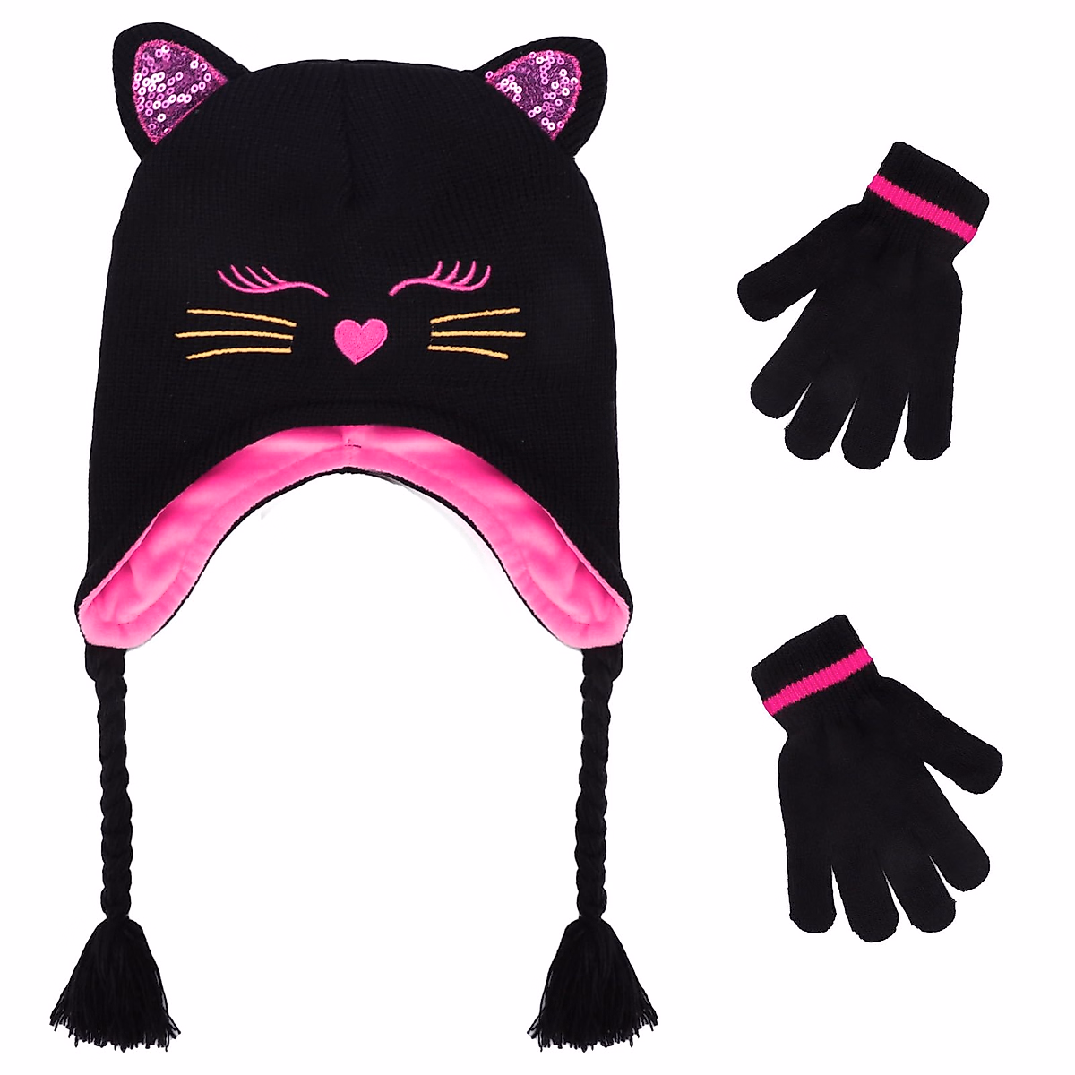 Girl Knit Cat Ear Beanie Hat and Glove Set Kids Winter Earflap with Braided Ski Skull Cap Mitten Set Age 3-7
