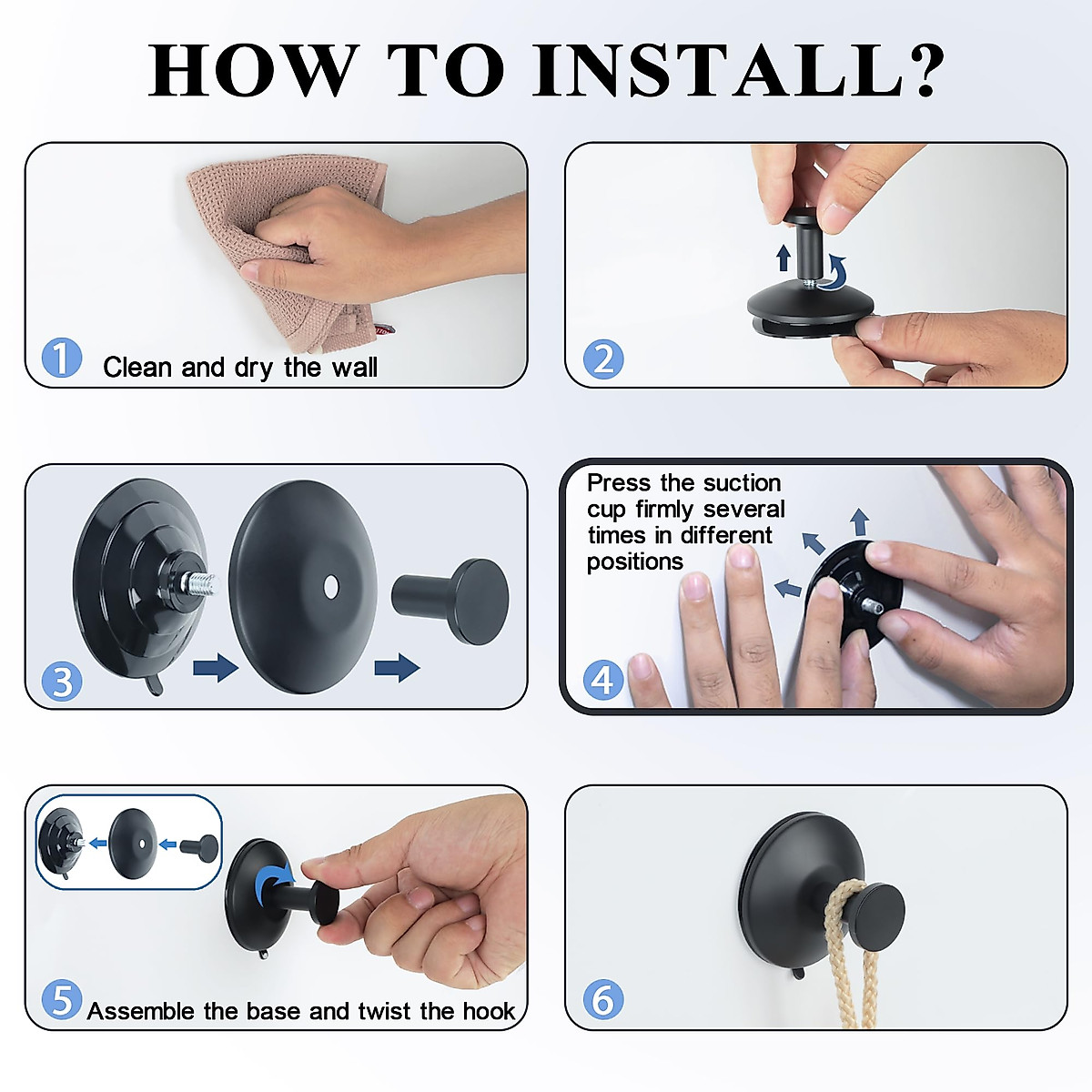 SAYAYO Suction Cup Hooks for Shower, Matte Black Suction Towel Hook for Glass Window, SUS 304 Stainless Steel Bathroom Hooks for Glass Door, Mirror, Tile, 2Pcs