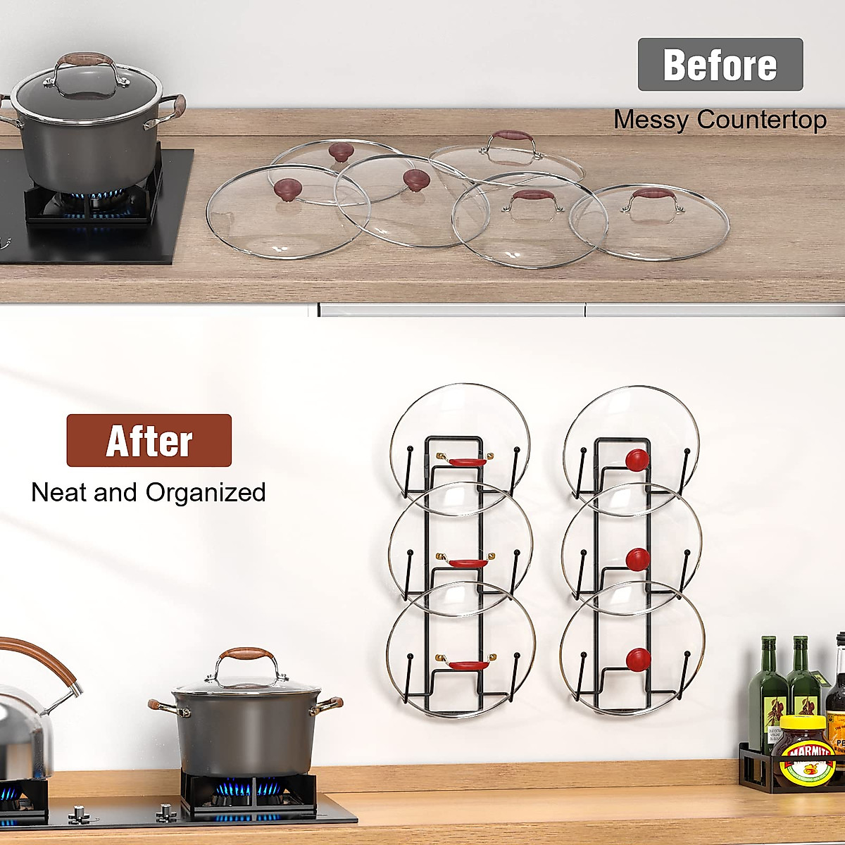 Housolution 2 Pack Pot Lid Organizer for Cabinet Door, No Drilling Adhesive Cabinet Door Pan Lid Organizer Wall Mounted Pot Lid Holder, Pot Lid Storage Organizer Holders for Inside Cabinet, Black