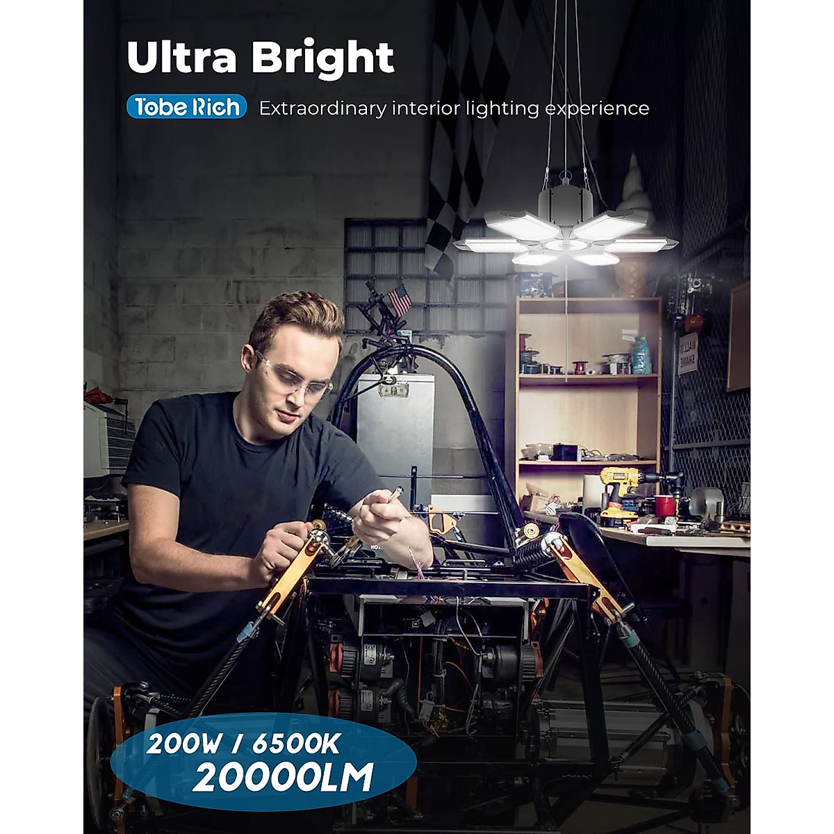 toberich 2-Pack Plug in Garage Light, 200W 20000LM Linkable LED Shop Light w/Pull Chain(ON/Off), 6+1 Deformable Panels, 6500K LED Ceiling Lights for Garage, Workshop, Warehouse, Barn