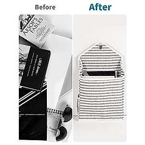 PARAKE Wall Hanging Storage Bag, 2 Pack Waterproof Hanging Organizer Bag for Bedroom, Large Pocket Organizer Basket with Side Pocket, 4 Sticky Hook, Hanging Bag for Bathroom Office, Grey White Stripes