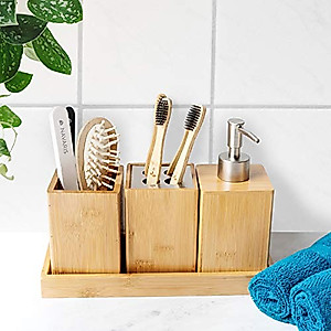 Navaris Bamboo Bathroom Accessories Set - 4-Piece Bath Set with Toothbrush Holder, Soap Dispenser, Storage Container, Organiser Tray - Natural Wood