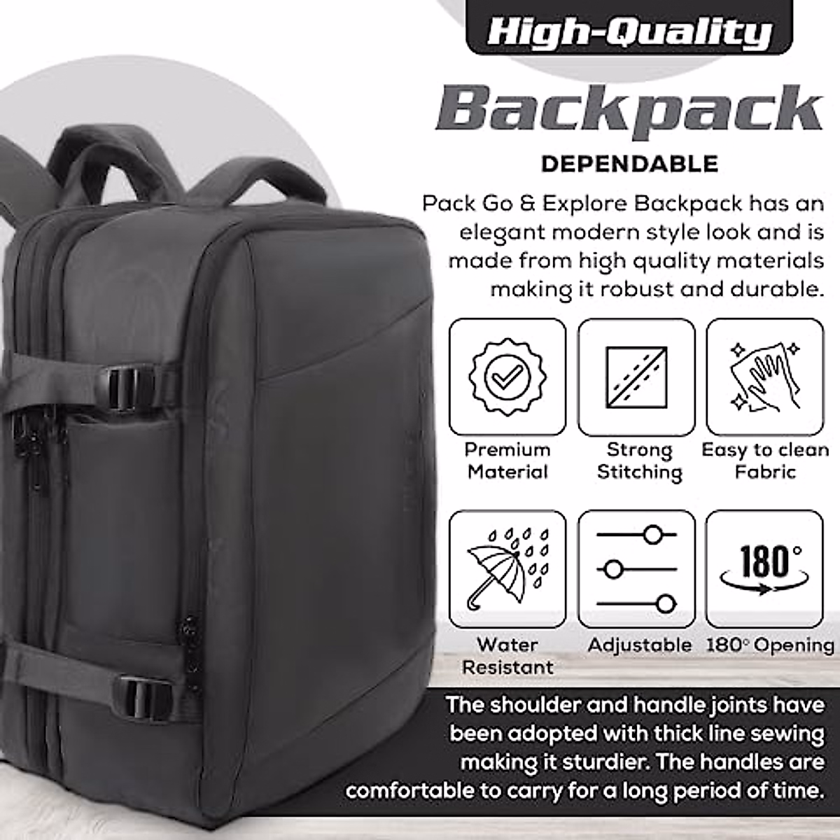 PACK GO & EXPLORE Travel Backpack, Personal Item Bag for Airlines, Travel Backpack for Women, Carry On Backpack, Laptop Backpack, Travel Backpack for Men, 18x14x8 inches Travel Bag (Black)