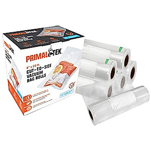 PrimalTek 8” x 20’ Cut-to-Size Vacuum Bag Rolls — 6 Rolls Included, User Friendly for Food Preservation — Microwave, Freezer and Boil Safe, BPA-Free, Compatible with Most Vacuum Sealer Machines