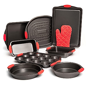 Moss & Stone 9 Piece Baking Pans Set Non Stick, Oven Safe Baking Sheet Set Carbon Steel Non-Stick PTFE Coating, Bakeware Set With Heat Red Silicone Handles, Black Baking Trays For Oven