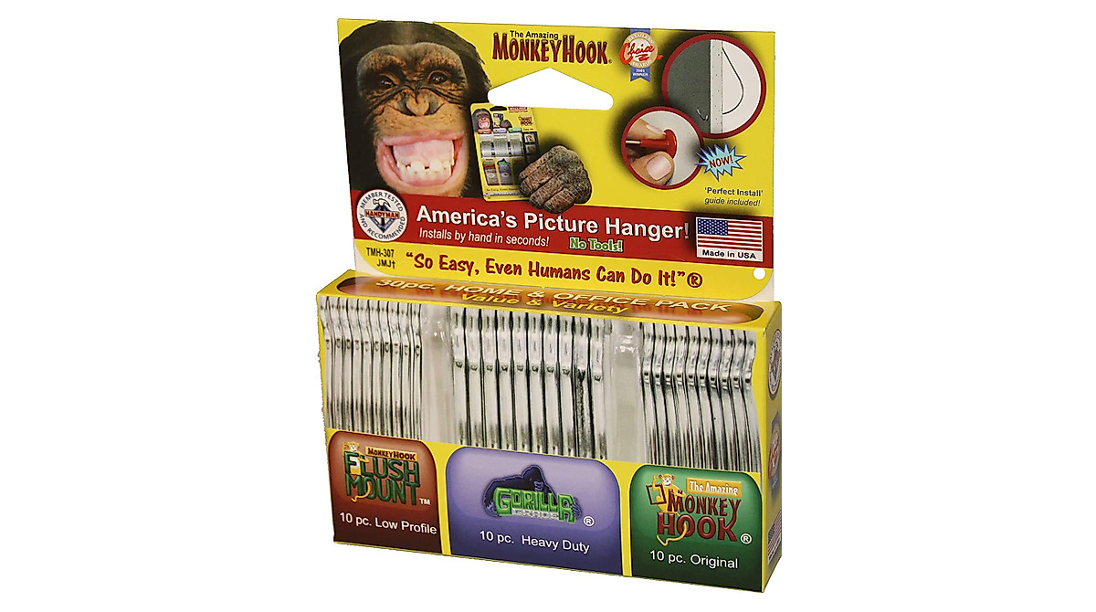 Monkey Hooks Picture Hanging Kit - Damage-Free Wall Hooks for Home & Office