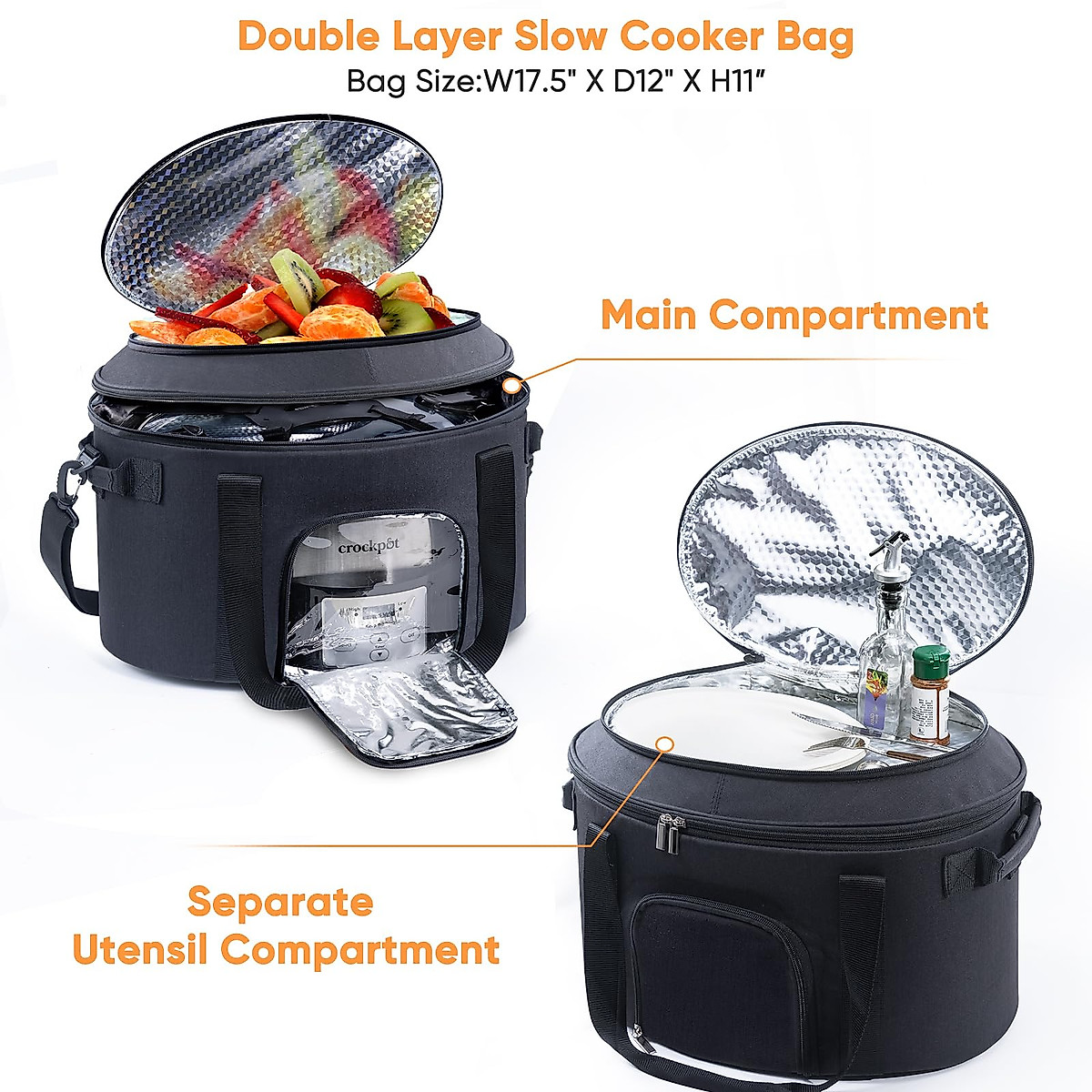 Double-Layer Slow Cooker Carrying Bag for 6-8 Quart CrockPot and Hamlton Beach Slow Cooker, Travel Bag with Lid Fastener for Crock-pot, Portable Carrier Case Slow Cooker Bag with See-thought Window