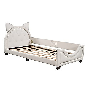 MWrouqfur Wooden Twin Size Upholstered Bed Frame with Carton Ears Shaped Headboard, Twin PU Leather Platform Bed for Girls Boys, Low Profile Single Bed - No Box Spring Needed