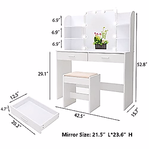usikey Large Vanity Set with 10 Light Bulbs, Makeup Vanity Table with 2 Drawers, 6 Storage Shelves & Cushioned Stool, Vanity Desk Vanity Table for Bedroom, White