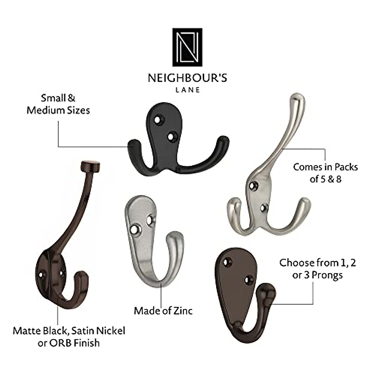 Neighbours Lane Towel Hooks for Bathroom Wall Mounted - Satin Nickel Three Prong Wall Hooks for Hanging Coats, Clothes, Bags, Hats, Towels, & More - Pack of 5 Medium-Sized Robe Hooks
