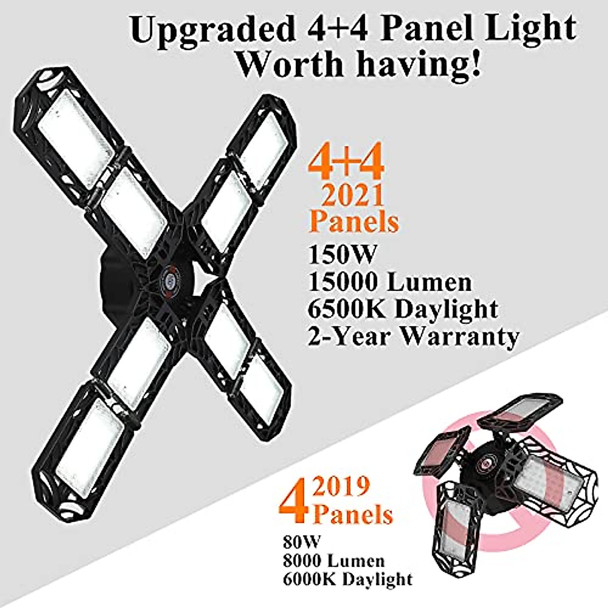 2 Pack Garage Light ,150W Deformable LED Garage Light ,8 Adjustable Panels Commercial Bay Lighting,E26/E27 Base Shop Lights ,Garage Light Bulb, LED Lights for Garage Organization, Basement,Warehouse