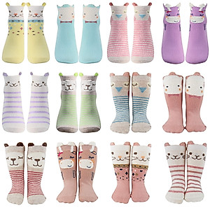 Tiny Captain Baby Toddler Girls Animal Grip Socks Tube Socks Anti-Slip Cartoon Sock (1-3T, Pink and Pastel - 12 Pairs)