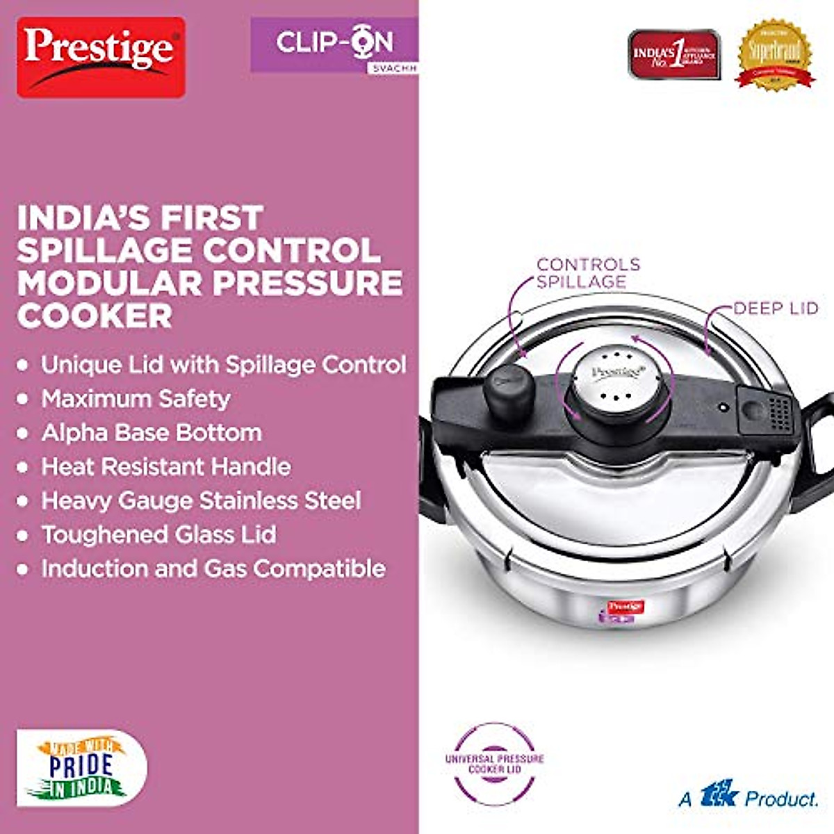 PRESTIGE Clip-on Svachh 3 Litre Stainless Steel Pressure Cooker, silver, standard