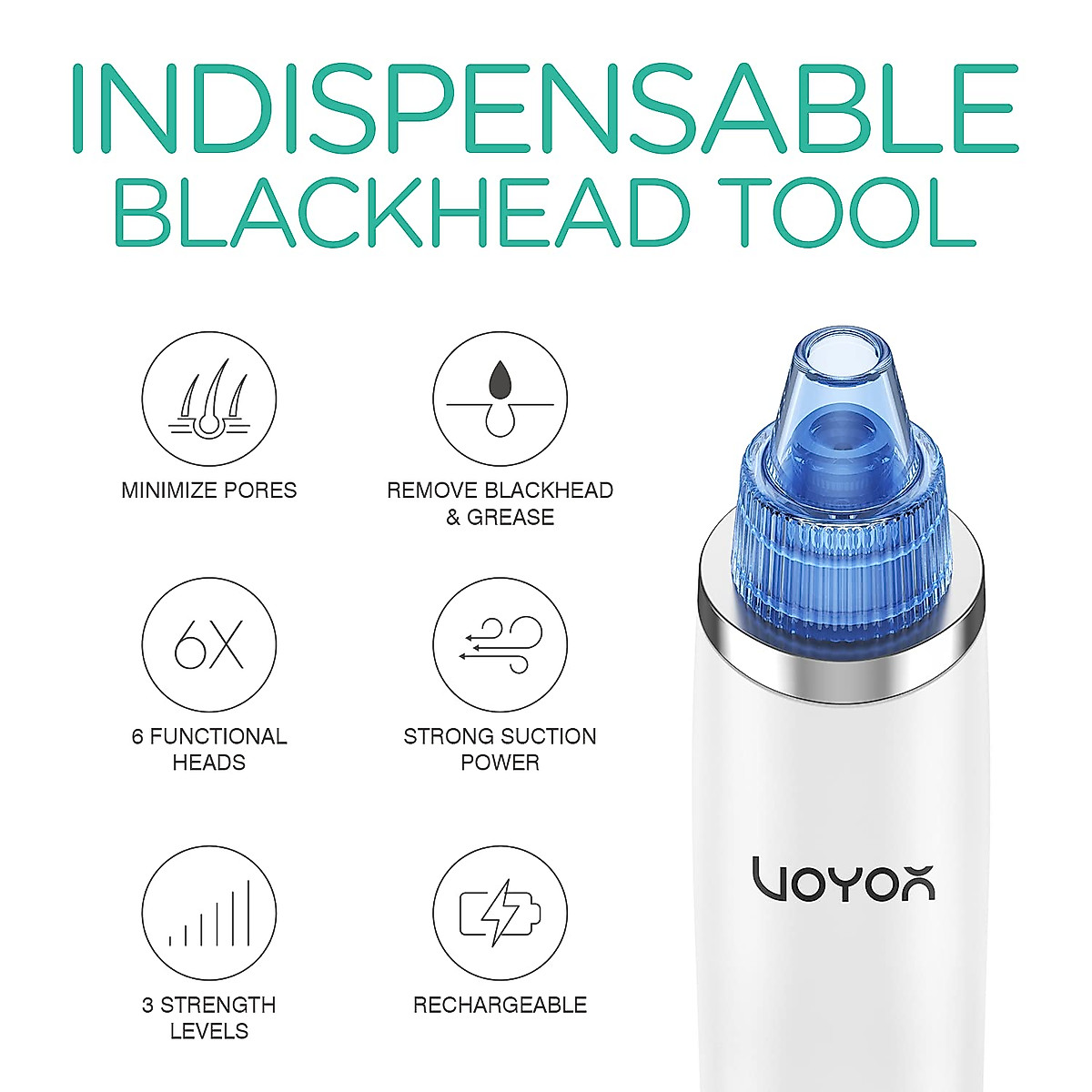 VOYOR Blackhead Remover Pore Vacuum - Electric Face Vacuum Pore Cleaner Acne White Heads Removal with 6 Suction Heads (BR410)