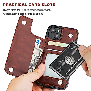 ONETOP Compatible with iPhone 14 Wallet Case with Card Holder, PU Leather Kickstand Card Slots Case, Double Magnetic Clasp and Durable Shockproof Cover 6.1 Inch (Brown)