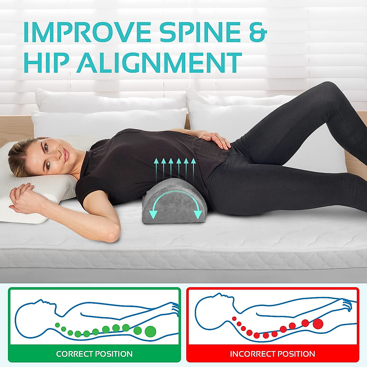 2 Pack Large Half Moon Bolster Pillow for Legs, Knees, Lower Back and Head, Lumbar Support Pillow for Bed, Sleeping | Semi Roll for Ankle and Foot Comfort - Machine Washable Cover, Grey