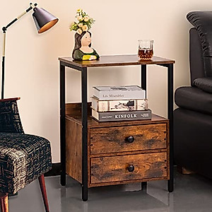 Lerliuo Nightstand, Side Table, Industrial Bedside Table with 2 Drawers and Open Shelf, Brown Night Stand, End Table with Steel Frame for Bedroom, Dorm, Brown/Black 23.6''H (Brown)