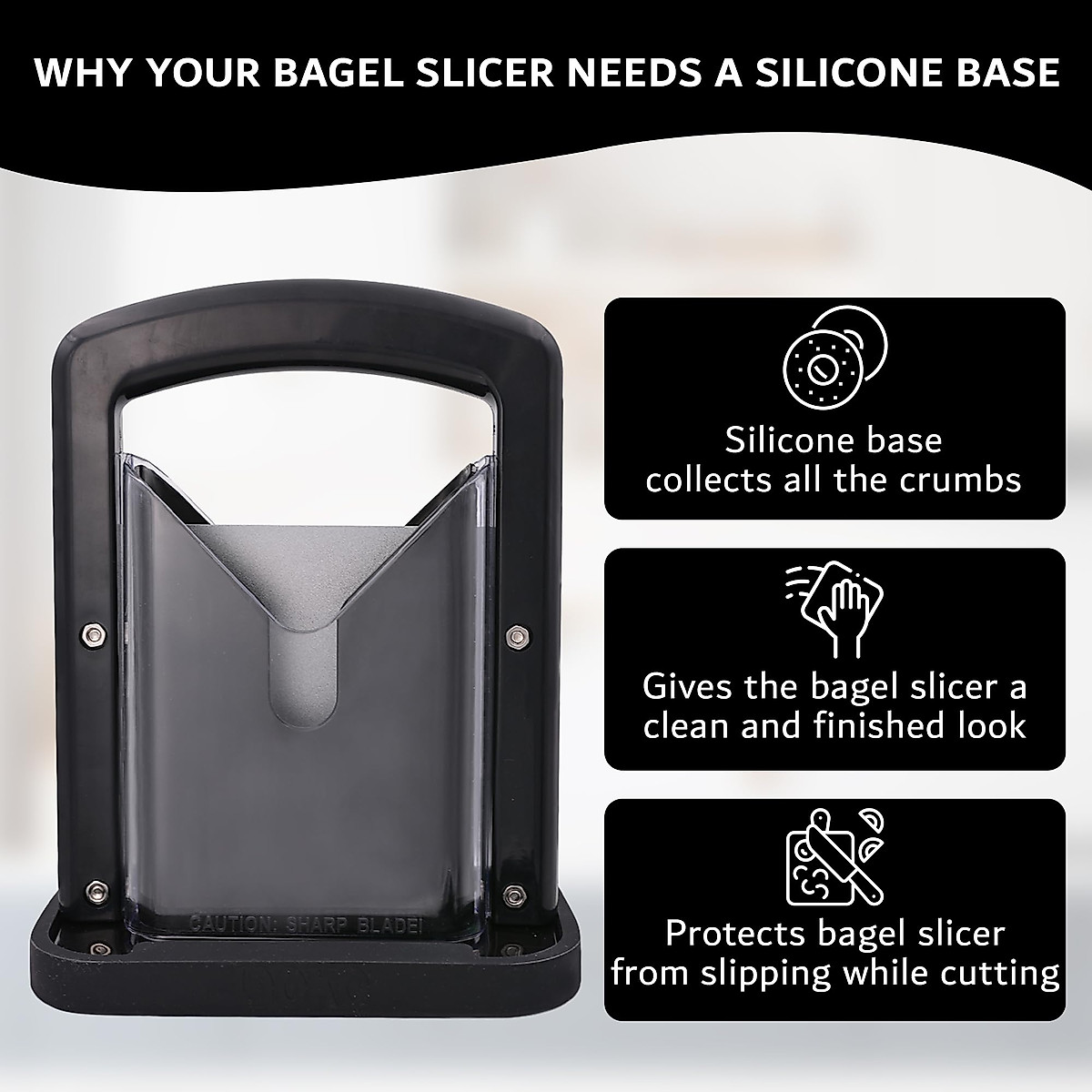 ISOKO Bagel Slicer - Premium Stainless Steel Bagel cutter, with Smooth Guillotine and Non-Slip Silicone Base for Perfect Slices Every Time for the better bagel experience. Black