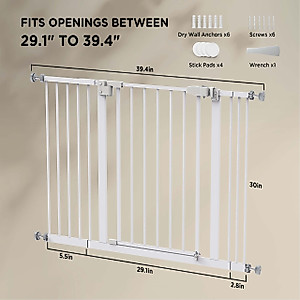 Ciays 29.1"-39.4", 30-in Height Baby Gate Extra Wide Puppy gate for doorways Easy Walk-Thru Auto-Close Safety Doggie gate for Indoors Adjustable with 2.8/5.5 Inch Extension kit, Bonus Kits, White