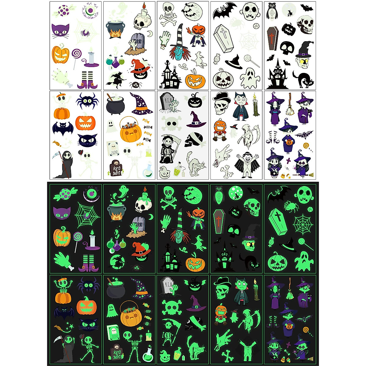 JCFIRE Halloween Temporary Tattoos for Kids, Glow in Dark Tattoos Stickers with Pumpkin Skull Ghost Monster for Halloween Party Favors Decoration