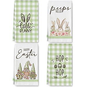 AnyDesign Easter Kitchen Towel 18 x 28 Green White Buffalo Plaids Dishcloth Easter Bunny Rabbit Gnome Cloth Tea Towel Spring Decorative Hand Towel for Bathroom Kitchen Home Cooking Baking, 4Pcs