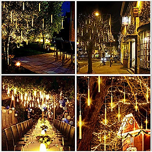 Aluan Christmas Lights Meteor Shower Rain Lights 10 Tube 240 LED Waterproof Plug in Falling Rain Fairy String Lights for Halloween Christmas Holiday Party Home Patio Outdoor Decoration, Warm White