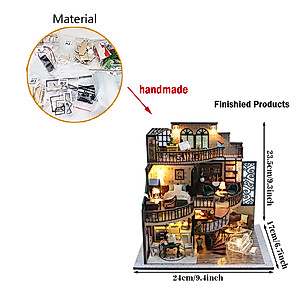 WYD Mini Doll House Kit Dream Building Pavilion Building Model DIY Mini Wooden Furniture Kit LED Lights Dust cover and Music Box Exquisite Decorations Creative Room Creative Gifts