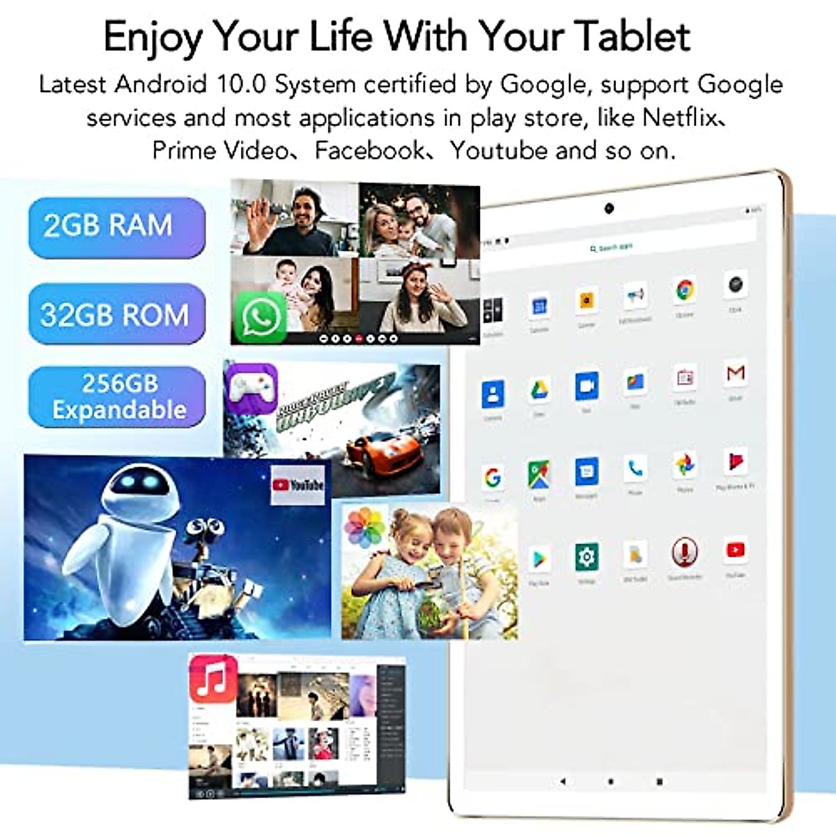 POWMUS 10 Inch Tablet Android 10 Phone Tablet, Tablet with Dual SIM, 32GB Quad Core, IPS Touchscreen, 8MP Rear Camera WiFi GPS Bluetooth USB C, Support 3G Phone Call, Include Tablet Leather Case
