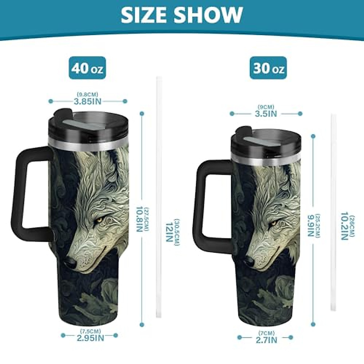 Selerdon 40 oz Tumbler Portrait Wolf with Handle and Straw Lid Vacuum Stainless Steel Insulated Water Bottle Travel Mug Car Cup Holder Friendly BPA Free for Gym Travel Office