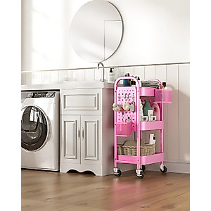 ALVOROG 3-Tier Rolling Utility Cart Movable Storage Organizer Shelves with Wheels and Hanging Cups Multifunctional Service Cart for Kitchen, Office, Coffee Bar-Black