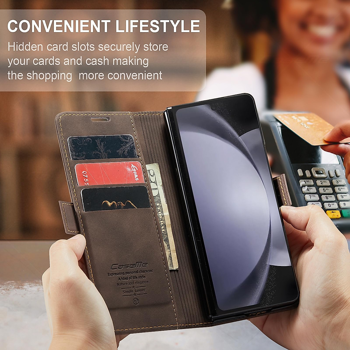 FONREST for Samsung-Galaxy-Z-Fold-5 5G Flip Leather Case, Slim Stitched PU Folio Book Wallet Cover with Kickstand, Card/Cash Slots, Magnetic Closure. Talk on The Phone w/Front Cover Closed(Coffee)