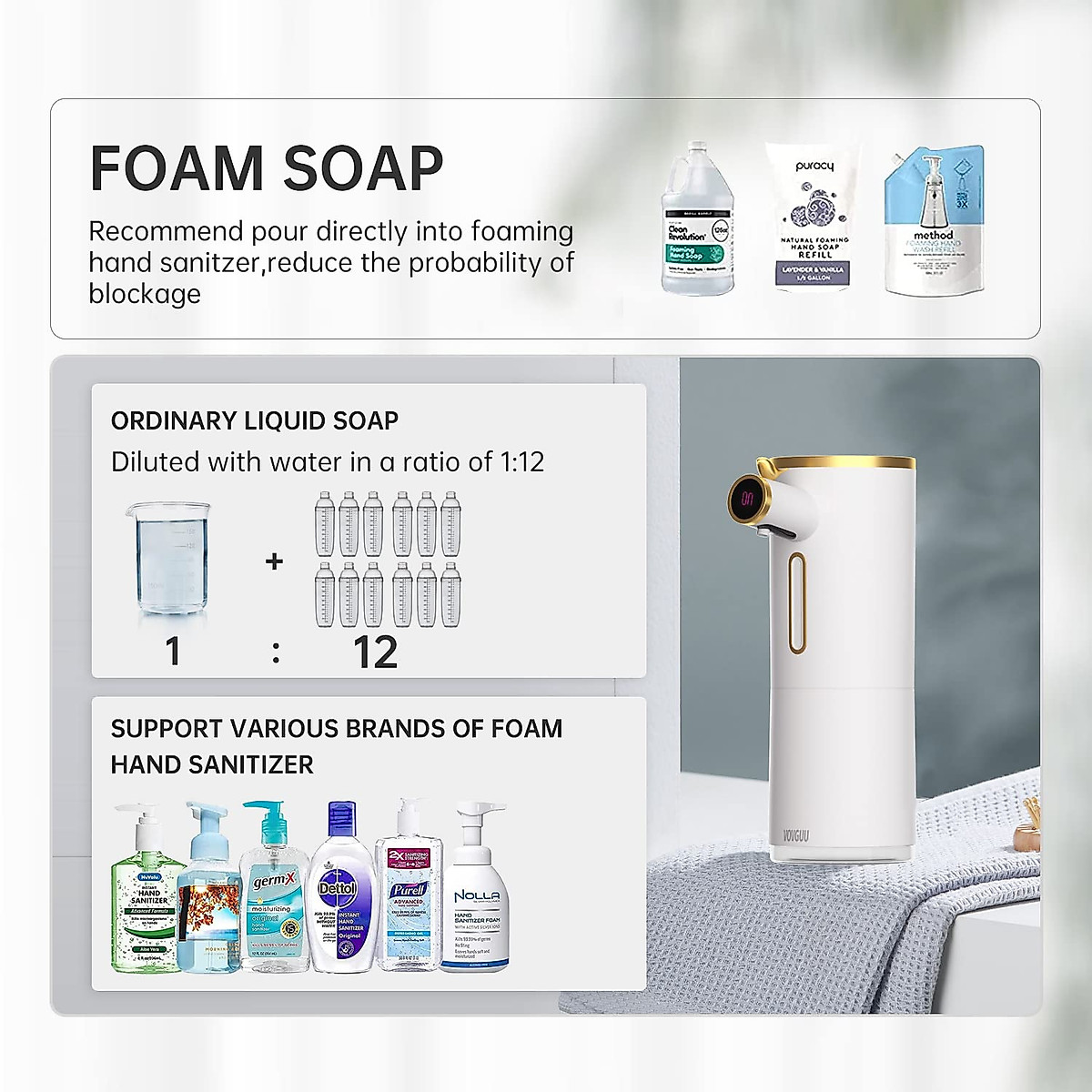 VOVGUU Automatic Soap Dispenser Touchless Rechargeable 300ml/10.14OZ Electric Dispenser with 3 Levels of Adjustable Sensor Foaming Soap Dispenser