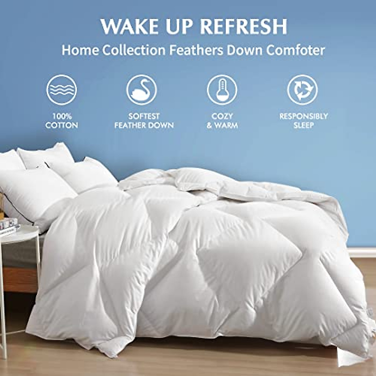 Dafinner Feathers Down Comforter Queen - Geometric Quilted Blanket with Corner Tabs, 55oz Medium Warm All Season Duvet Insert or Stand-Alone Comforter (90x90, White)