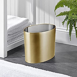 mDesign Metal Modern Oval Small 1.8 Gallon/ 6.9 Liter Trash Can, Wastebasket for Bathroom, Bedroom Holds Garbage, Waste, Paper, Recyclables - Mirri Collection - Soft Brass