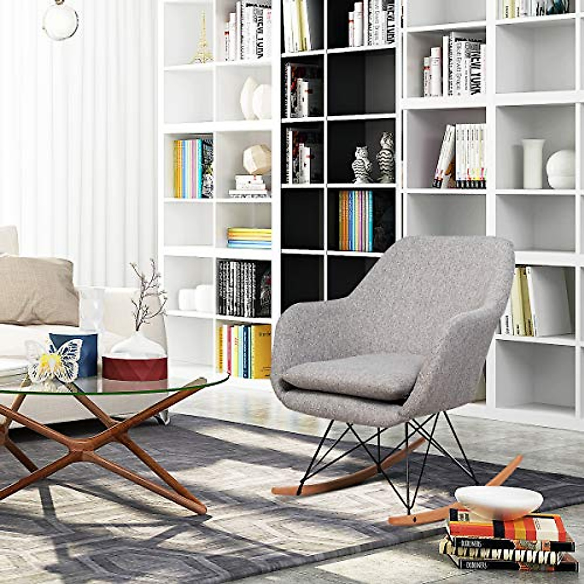 Giantex Accent Rocking Chair with Cushion, Upholstered Rocking Arm Chair w/Solid Steel Wood Leg, Modern Rocker Chair for Balcony, Bedroom (1, Grey)