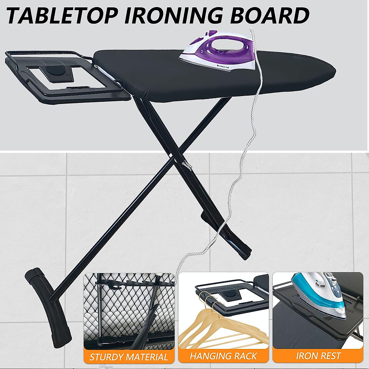 ikaufen Ironing Board, Non-Slip Foldable Tabletop Iron Board with Steam Iron Rest and Thicken Felt Pad, Heavy Sturdy Metal X-Legs Ironing Board (Black)