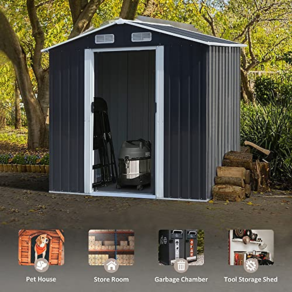 FIZZEEY 6' x 4' Outdoor Storage Shed Metal Garden Sheds w/Lockable Doors for Backyard Patio Lawn, Black