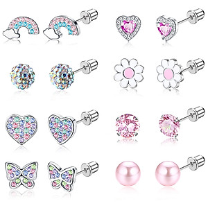 LOLIAS Hypoallergenic Screw back Earrings for Women 316L Surgical Steel CZ ScrewBack Earring 8 Pairs Colorful Heart Butterfly Flower Sensitive Tiny Stud Earrings Set