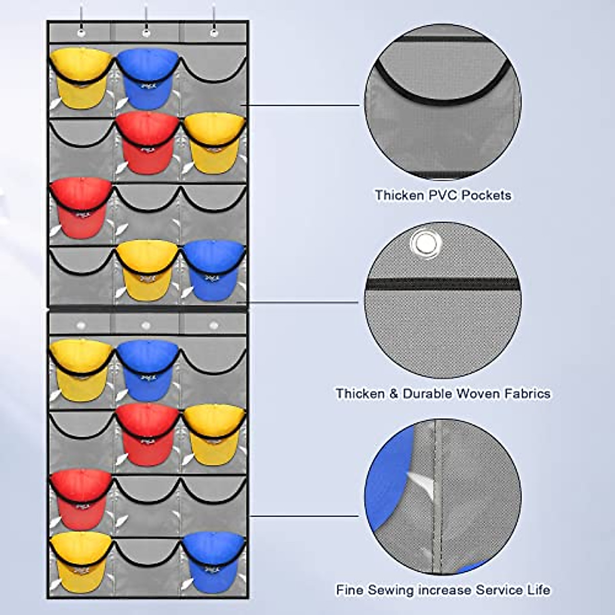 huspossesser Hat Racks for Baseball Caps, Hat Organizer 24 Deep Pockets, Splitable Hat Rack for Wall, Over the Door Hat Hanger for Closet with 4 Hooks, Hat Storage Holder