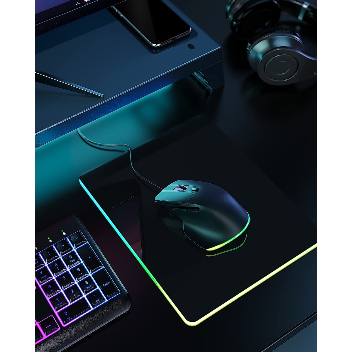 Wired RGB Mouse for Laptop, Ergonomic Computer Mouse, Quiet Click, 4-Level DPI, 7 Buttons, LED Light with Thumb Rest Mouse Compatible for PC/Desktop/Notebook/MAC/Gamer(for Right Hand, Large), Black
