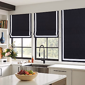 Cordless Blackout Roman Shades for Windows, Black Roman Blind with White Trim, Custom Fabric Roman Window Blinds for French Doors, Kitchen Windows