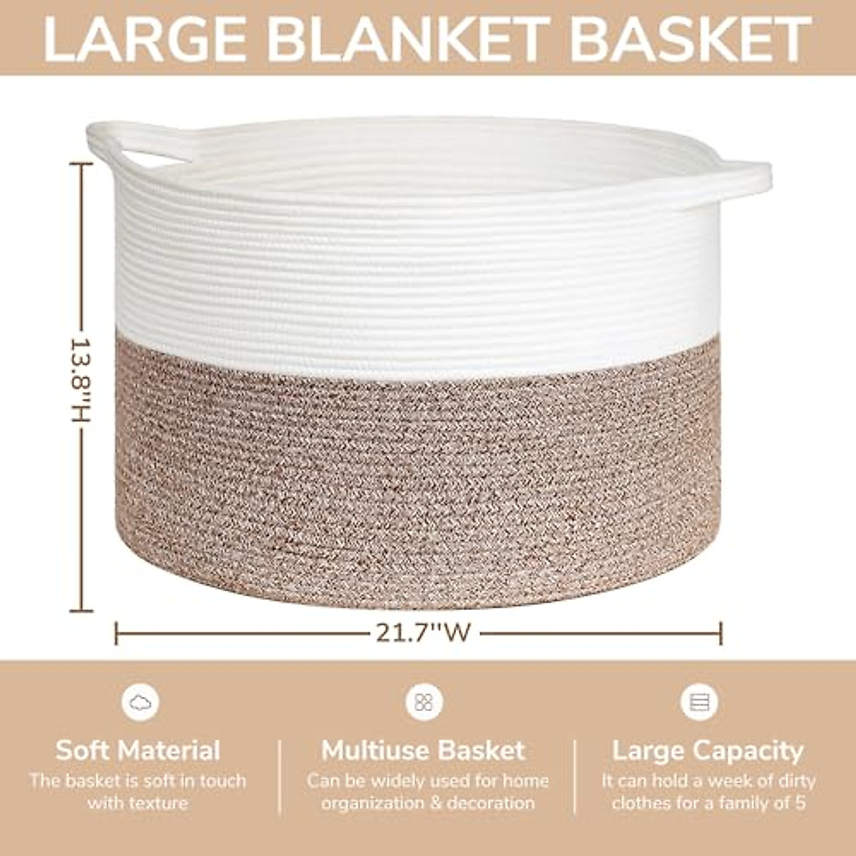TIMEYARD Large Storage Basket, 21.7'' x 13.8'' Cotton Rope Blanket Basket Living Room Toy Baskets Storage Kids, Nursery Laundry Baskets for Dirty Clothes Pillows Towel, 90L White & Brown