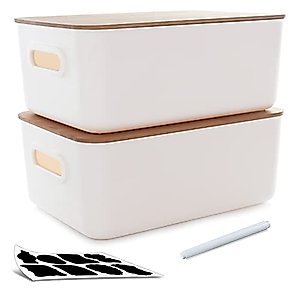 Citylife 2 PCS Storage Bins with Bamboo Lids Plastic Storage Containers for Organizing Stackable Storage Box with Handle, 15.12 x 10.67 x 5.98 inch