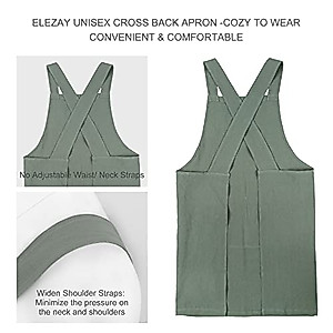 ELEZAY Aprons for Women with Pockets Plus Size Comfort Cross Back No Tie Cotton Linen Apron Pinafore for Cooking Painting Floral Arrangement Gardening Cleaning Medium, Green
