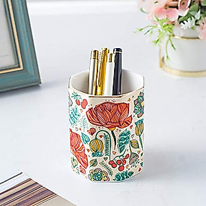 YOSCO Ceramic Pen Holder For Desk Cute Flower Stand Pencil Cup Pot Desk Organizer Makeup Brush Holder for Girls Women (Flower)