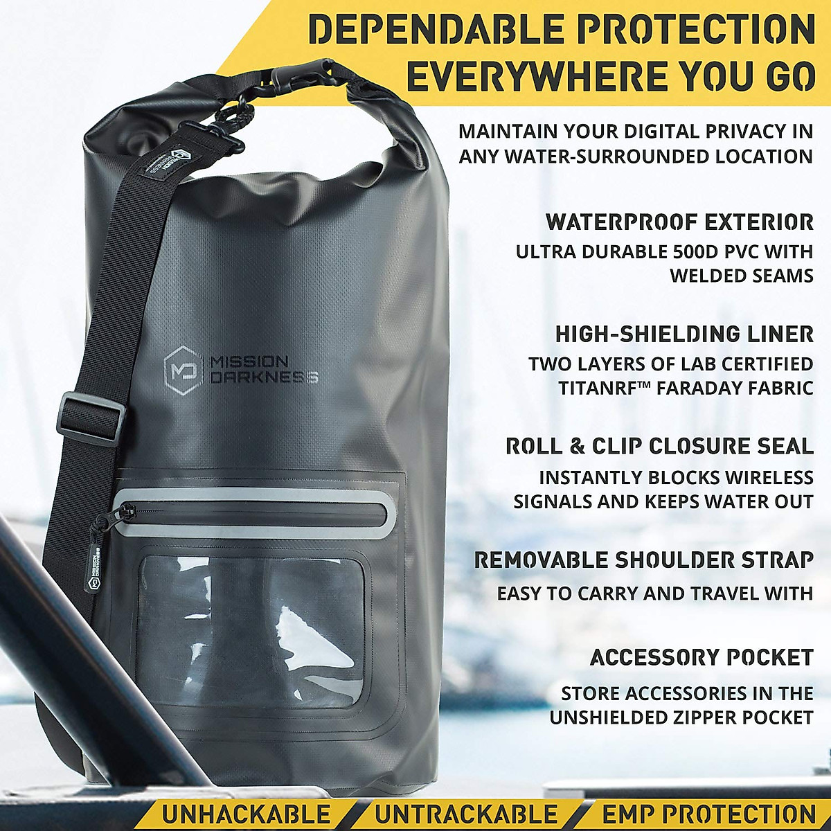 Mission Darkness Dry Shield Faraday Tote 15L // Waterproof Dry Bag for Electronic Device Security & Transport // Signal Blocking, Anti-Tracking, EMP & CME Shield, Data Privacy for Mobile Devices